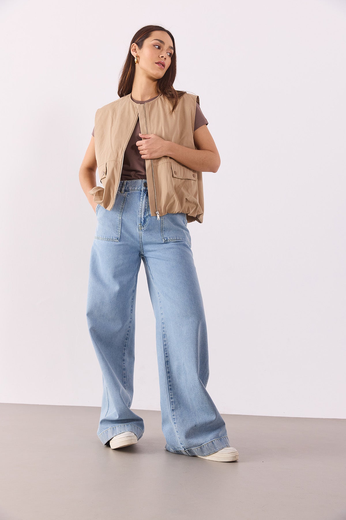 Kadın Leila Beli Lastikli Wide Leg Lyocell (Tencel™) Sky Blue Jean Pan ...
