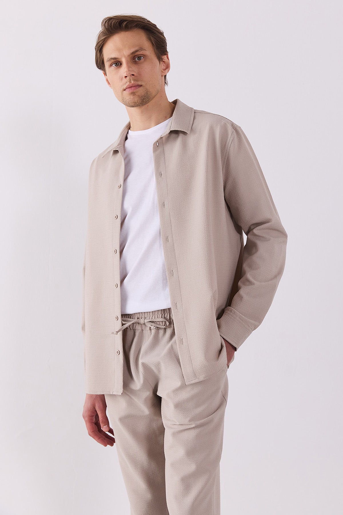 Erkek Nicolas Regular Fit Gofre Gömlek - Bej – Vena